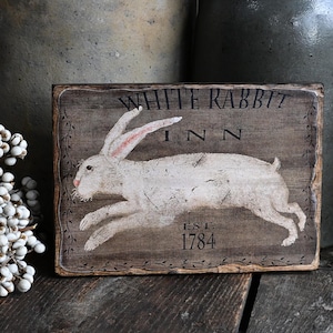 Primitive Leaping White Rabbit Inn Sign, Rustic Easter Decoration ...
