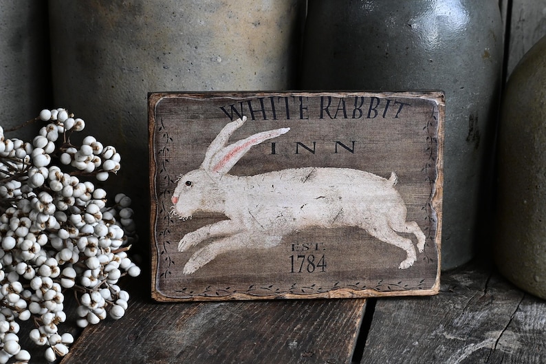 Primitive Leaping White Rabbit Inn Sign, Rustic Easter Decoration ...