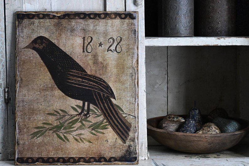 Handmade Folk Art Primitive Crow Sign, Rustic Country Crow Picture ...