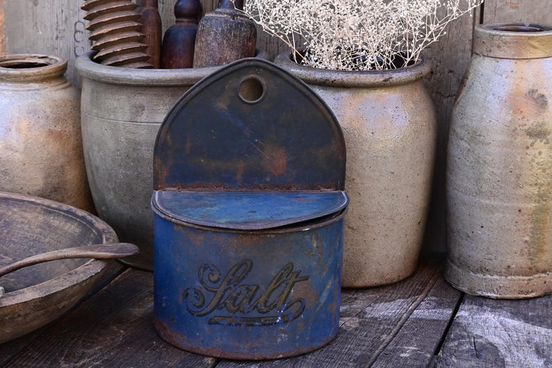 Rare Antique Wall Hanging Tin Wall Salt Cellar Pocket, Primitive Blue ...