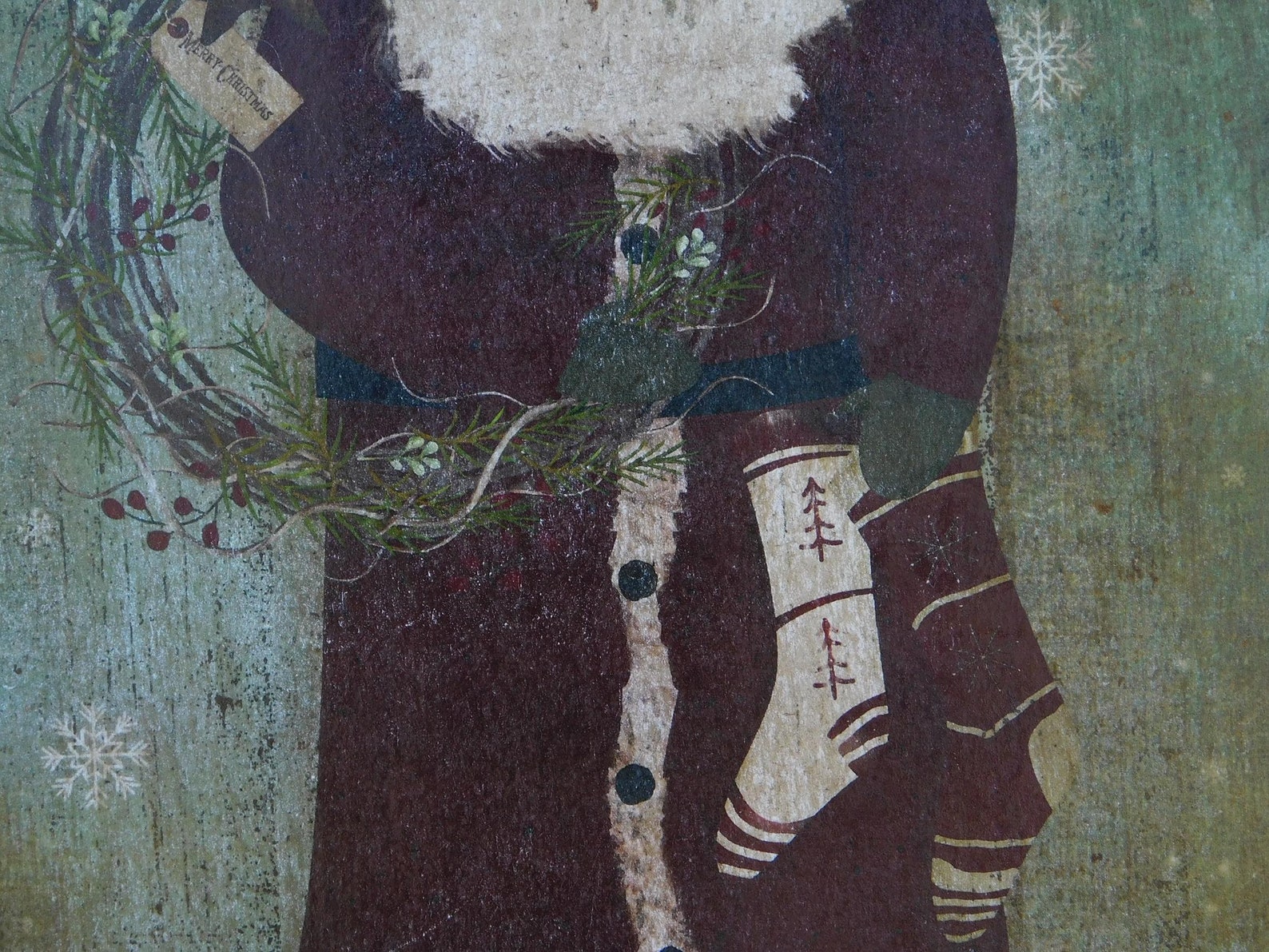 Primitive Christmas Folk Art Santa Wall Hanging Sign, Wooden Picture ...