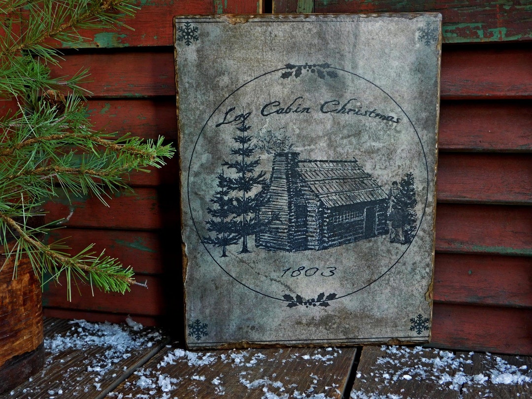 Primitive Christmas Log Cabin Wooden Picture Print, Log Cabin Christmas ...