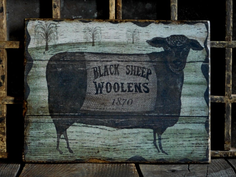 Primitive Black Sheep Woolens Picture Print Wooden Sign Wall - Etsy