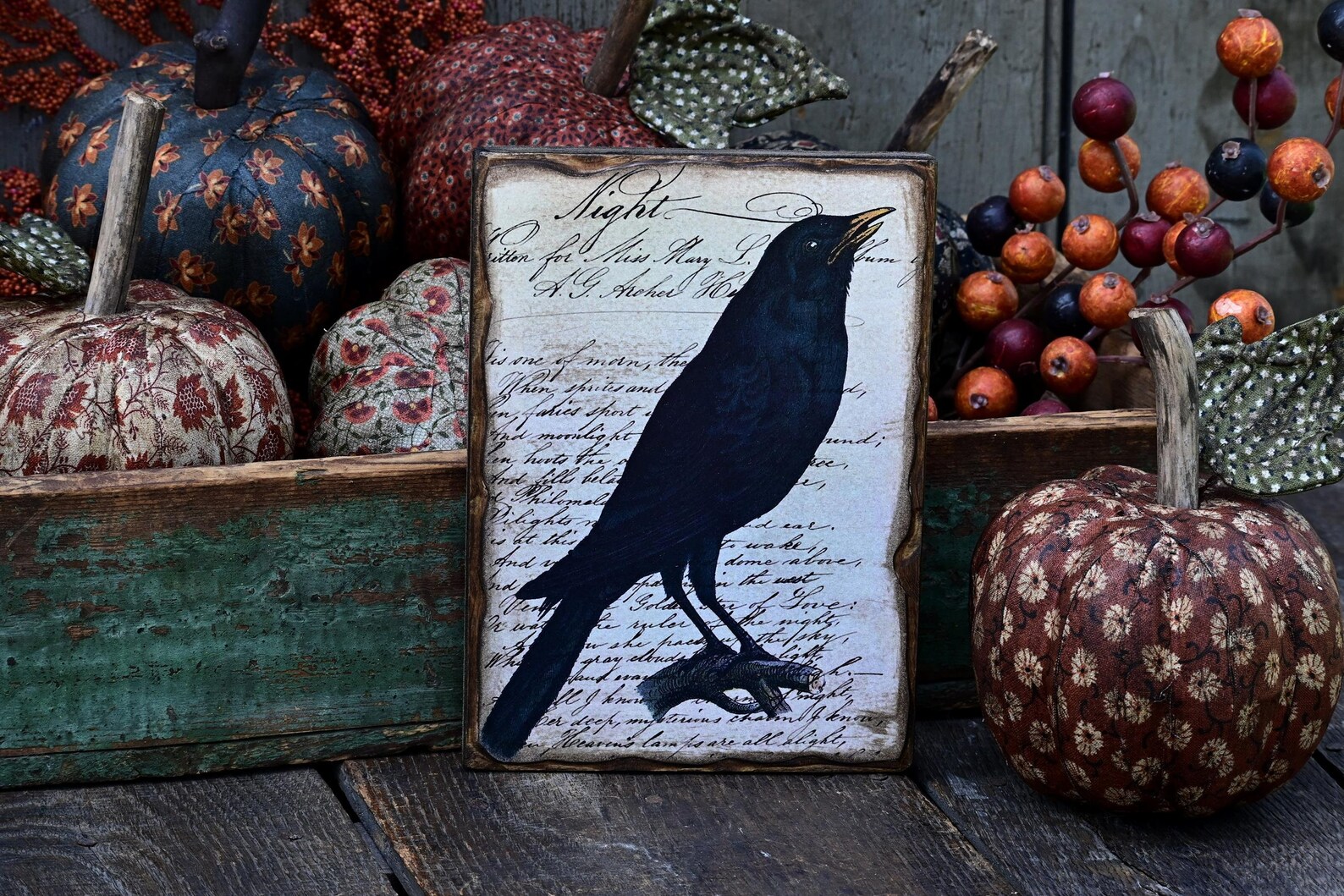 Rustic Primitive Crow Wooden Wall Hanging Sign, Crow Plaque, Fall and ...