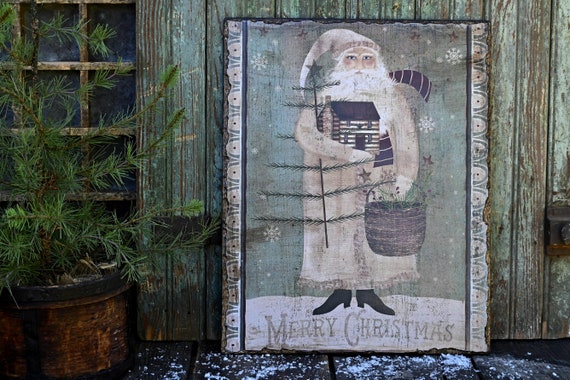 Primitive Santa Picture Art Wall Hanging Sign Handmade Folk - Etsy