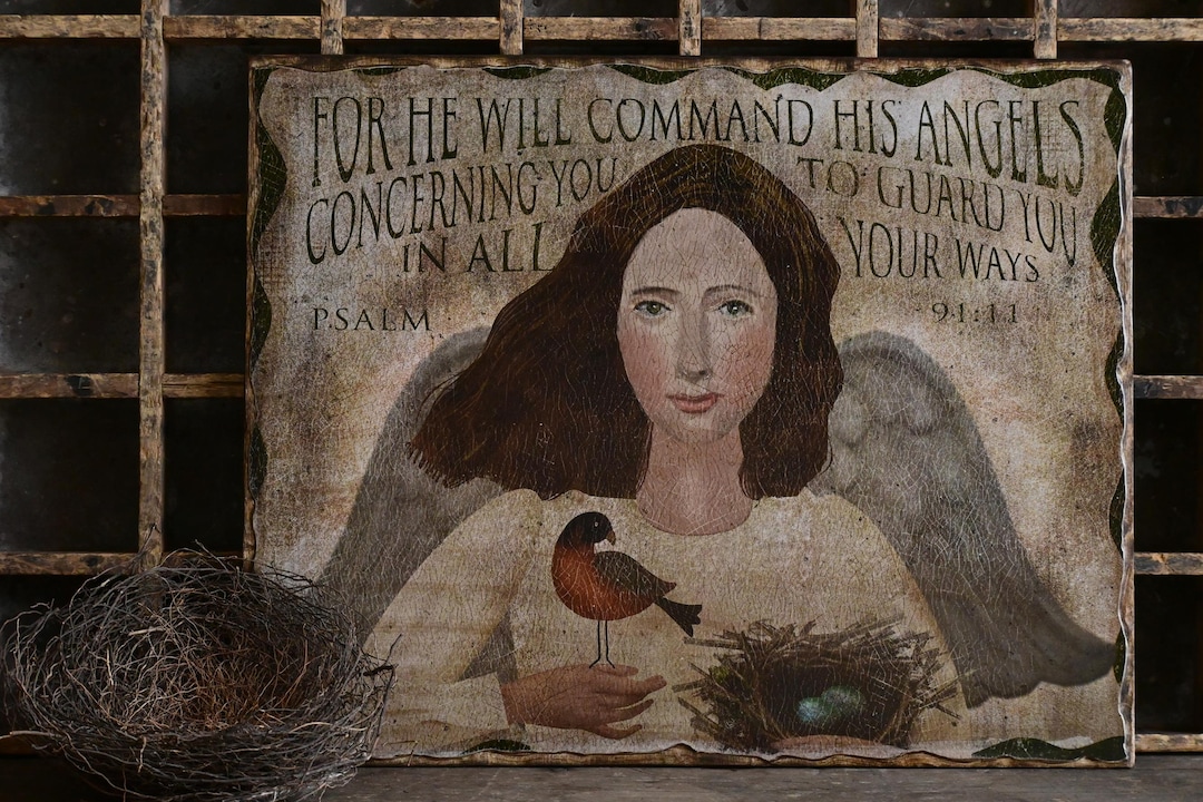 Primitive Folk Art Angel With Bird and Nest Wooden Picture Sign Art ...