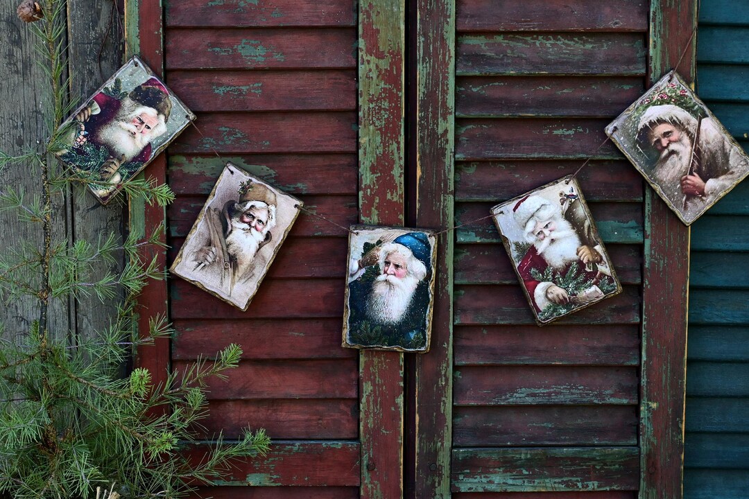 Handmade Primitive Christmas Santa Garland, Rustic Wooden Antique ...