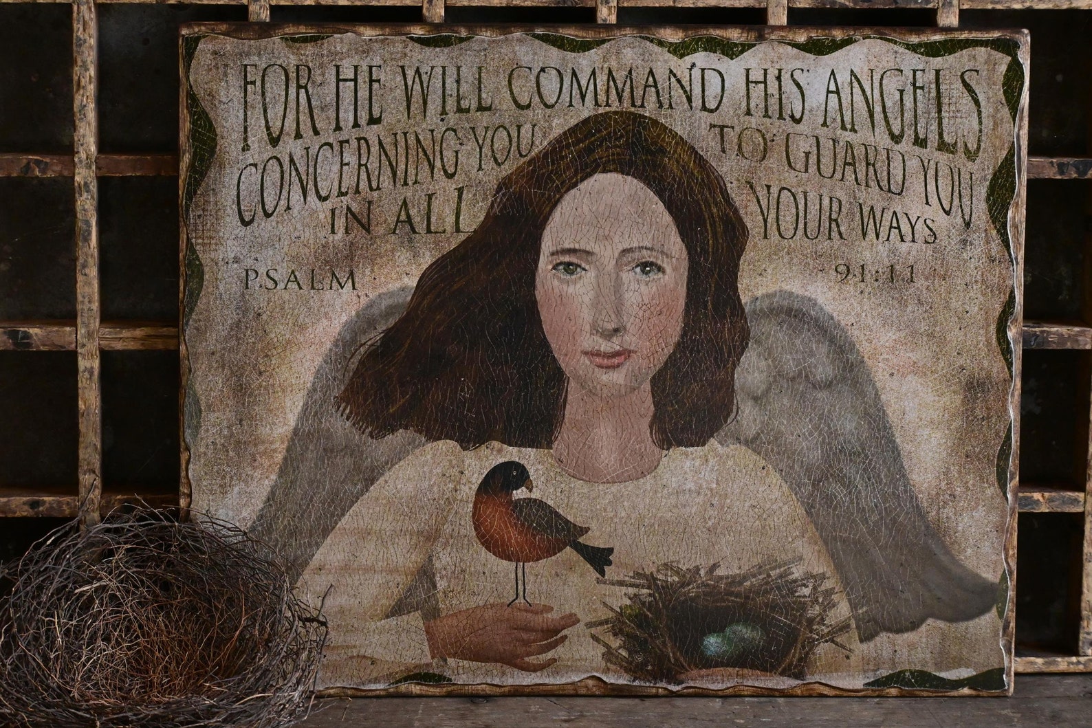 Primitive Folk Art Angel With Bird and Nest Wooden Picture - Etsy