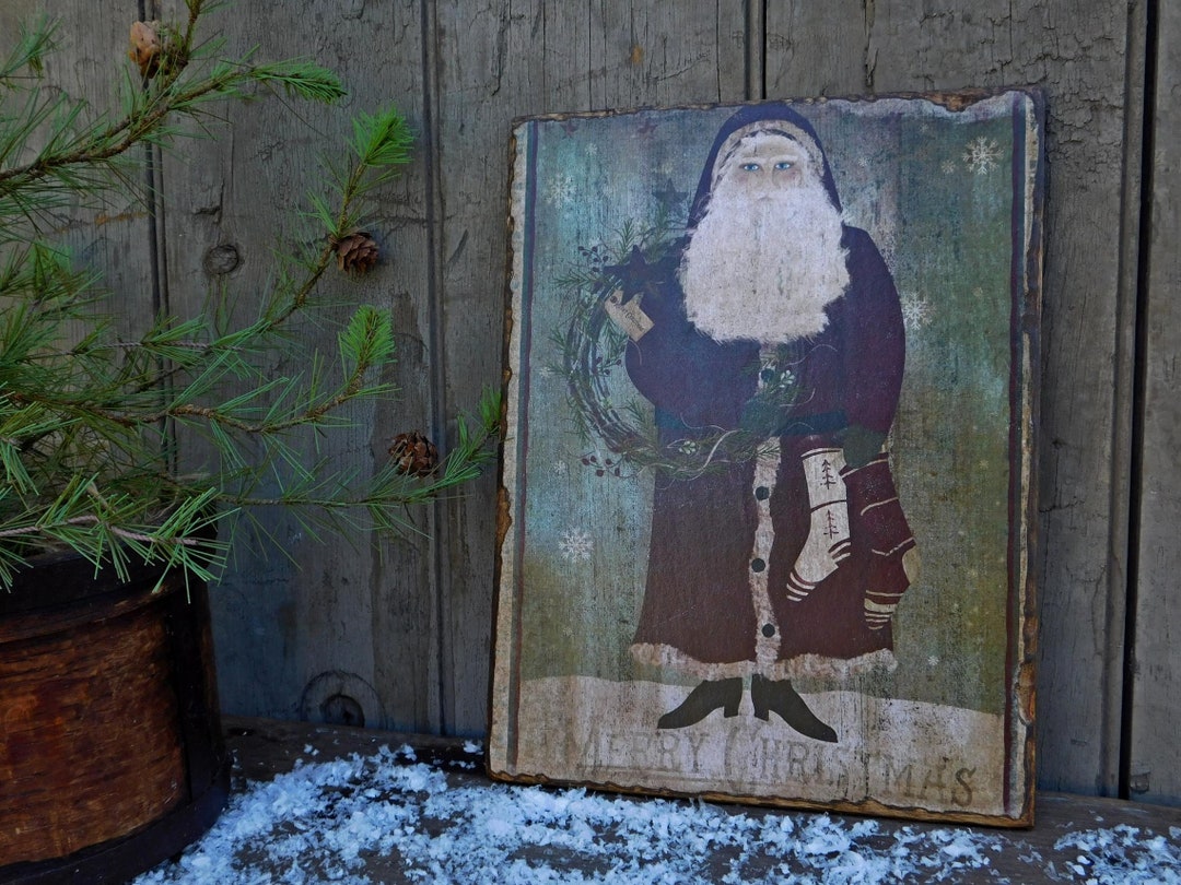 Primitive Christmas Folk Art Santa Wall Hanging Sign, Wooden Picture ...