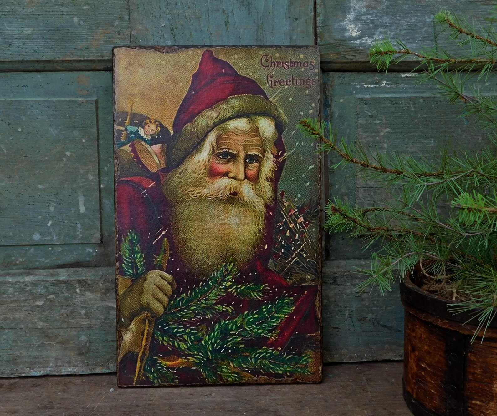 Handmade Old World Primitive Santa Wall Hanging Print, Country ...