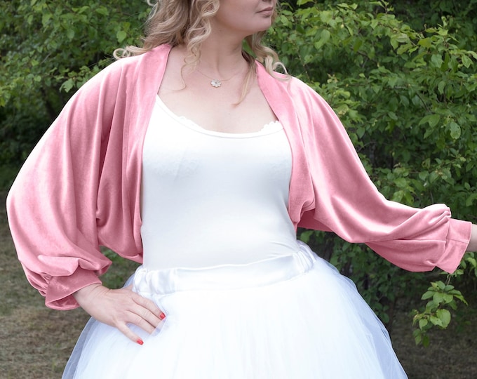 Bright Light Pink Velvet Bolero, Oversized Puff Sleeve Sleeve Shrug ...