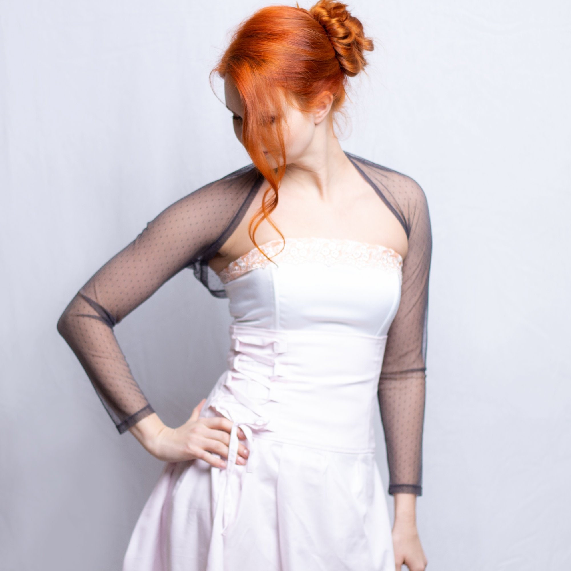 Dark Gray Wedding Bolero, Dark Gray Bridal Shrug, Polka Dot Thin Mesh ...