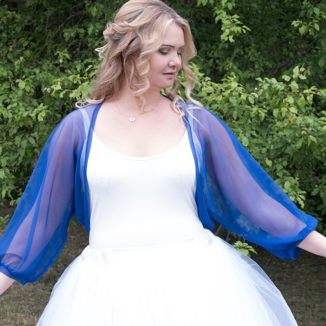 Blue Bridal Bolero, Puff Sleeve Tulle Mesh Bolero, Sheer Wedding Shrug ...