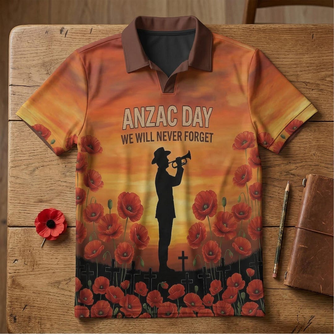 Anzac Day Dawn Service Bugler V-neck Polo | Red Poppy & Memorial Cross ...