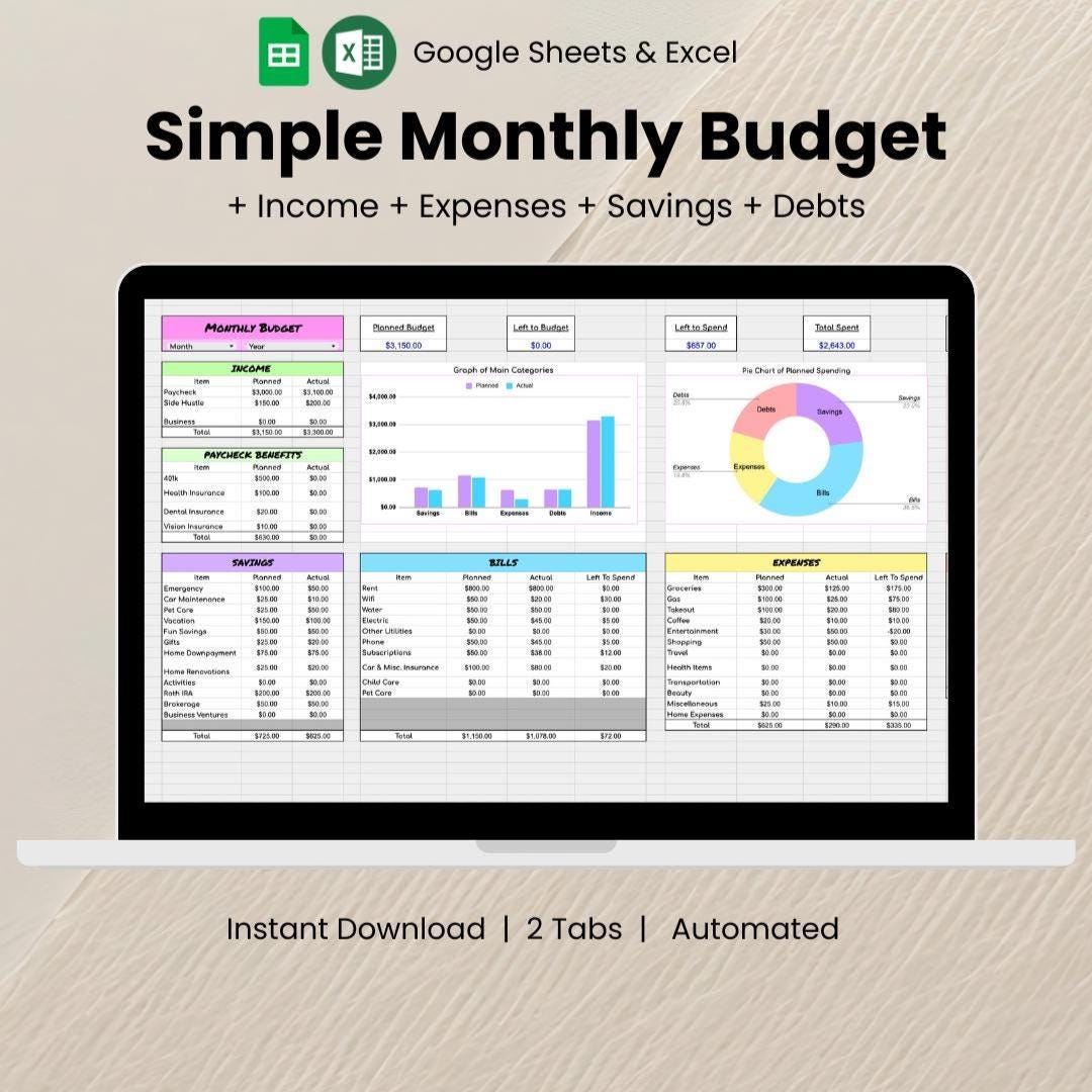 Simple Monthly Budget Spreadsheet · Digital Budget Planner Template for ...