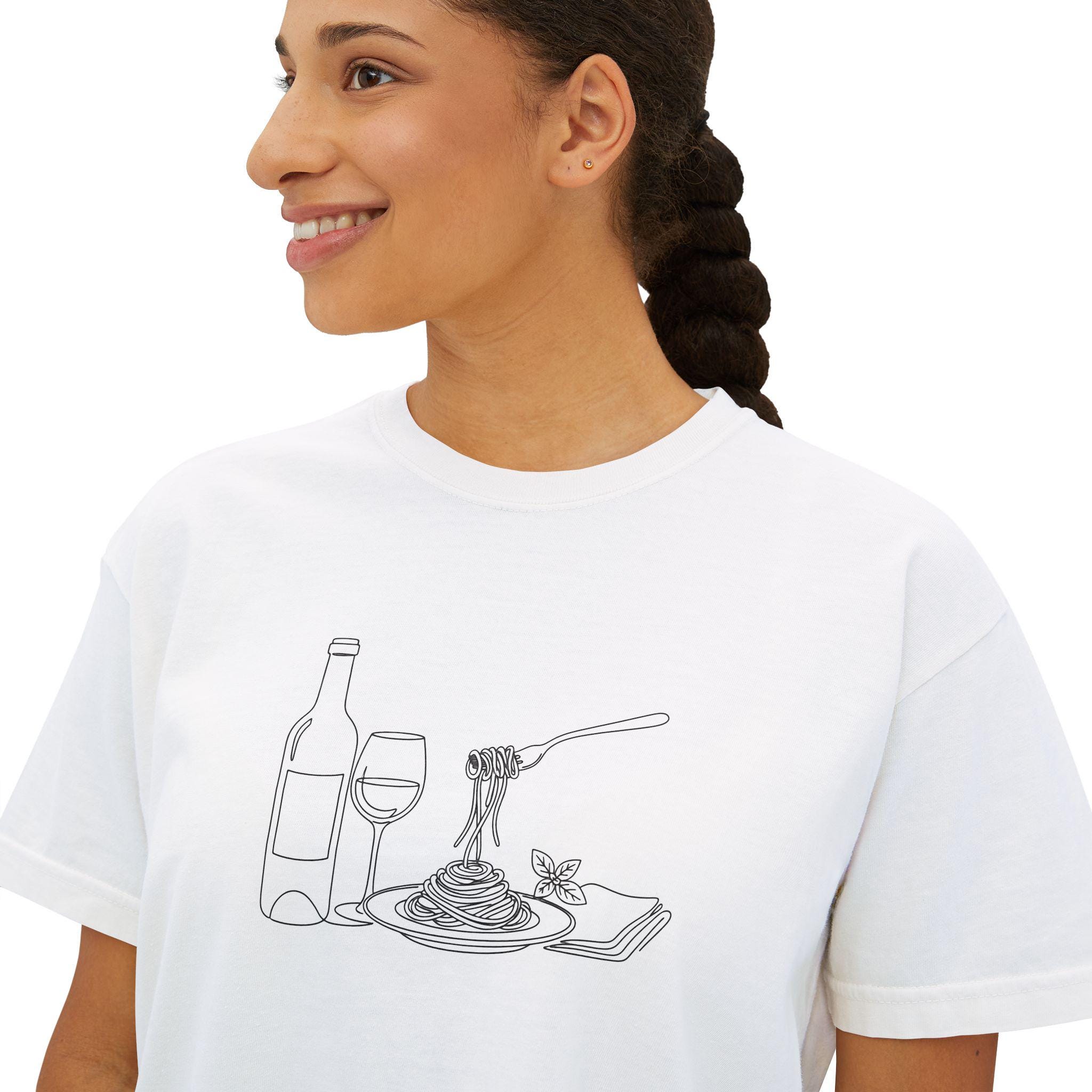 Pasta & Wine Line Art Tee | Women's Boxy Tee - Etsy