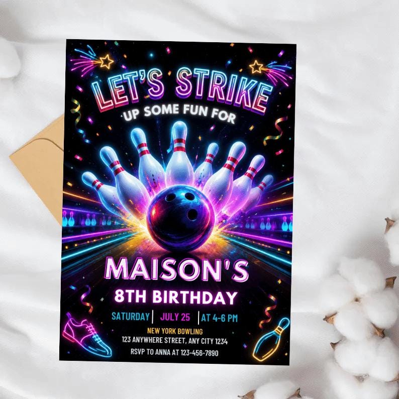 Editable Bowling Birthday Invitation, Glow Bowling Invitation, Neon ...