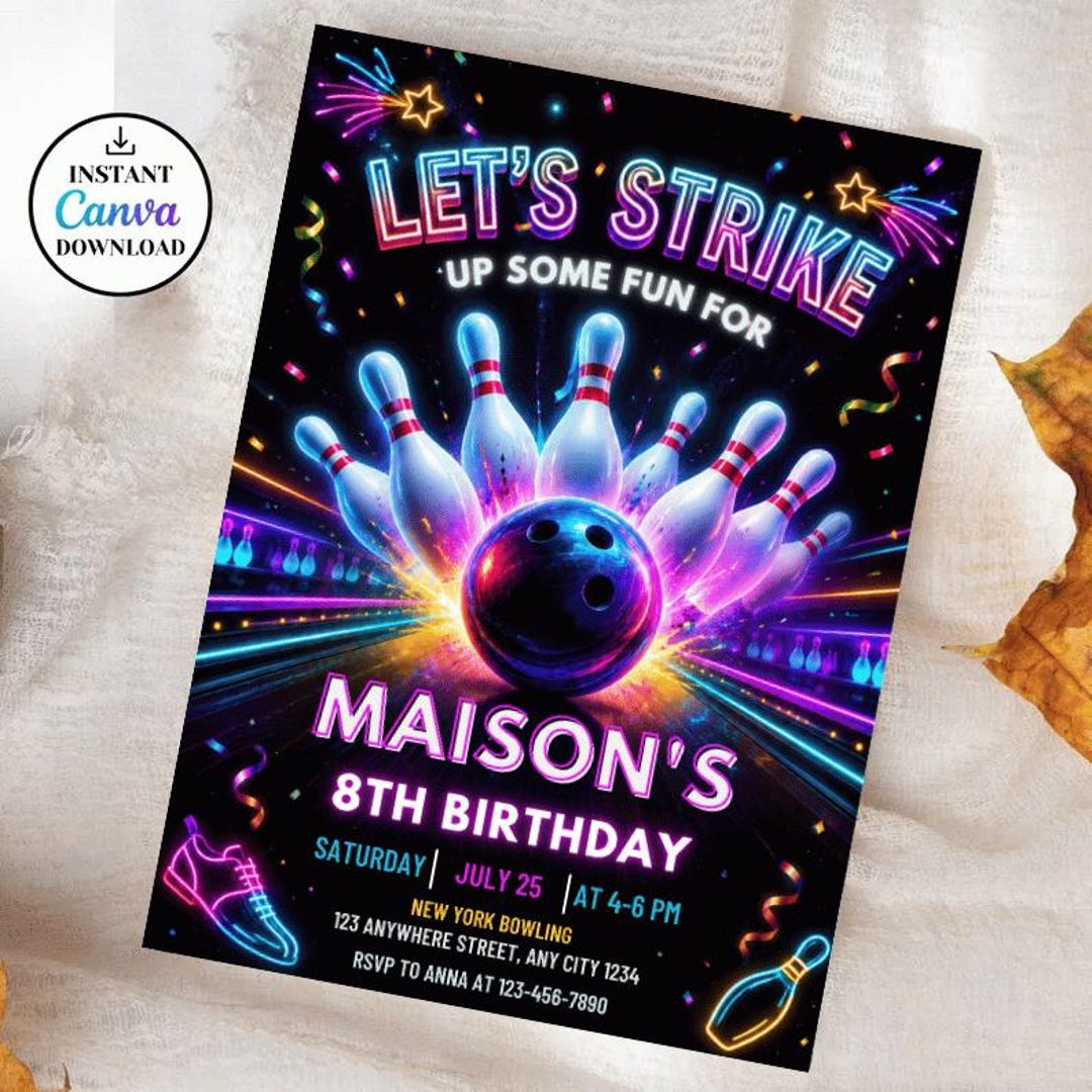 Editable Bowling Birthday Invitation, Glow Bowling Invitation, Neon ...