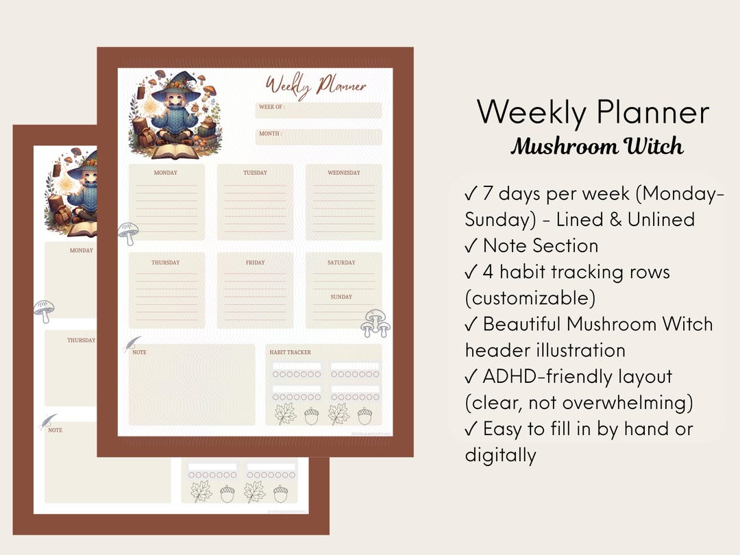 Weekly Planner | Mushroom Witch Theme | Printable | Digital Download - Etsy
