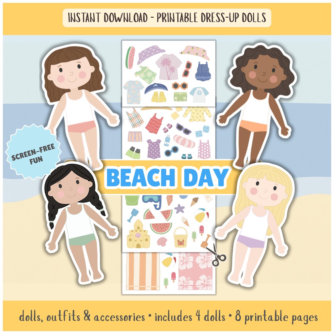 Girls Paper Doll Dress up | Printable Activity | Beach Day (digital ...