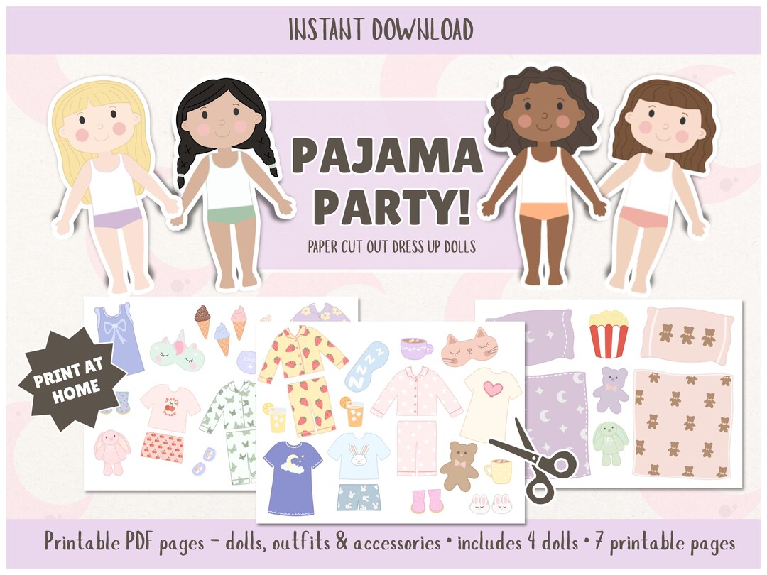 Girls Paper Doll Dress up | Printable Activity | Pajama Party (digital ...