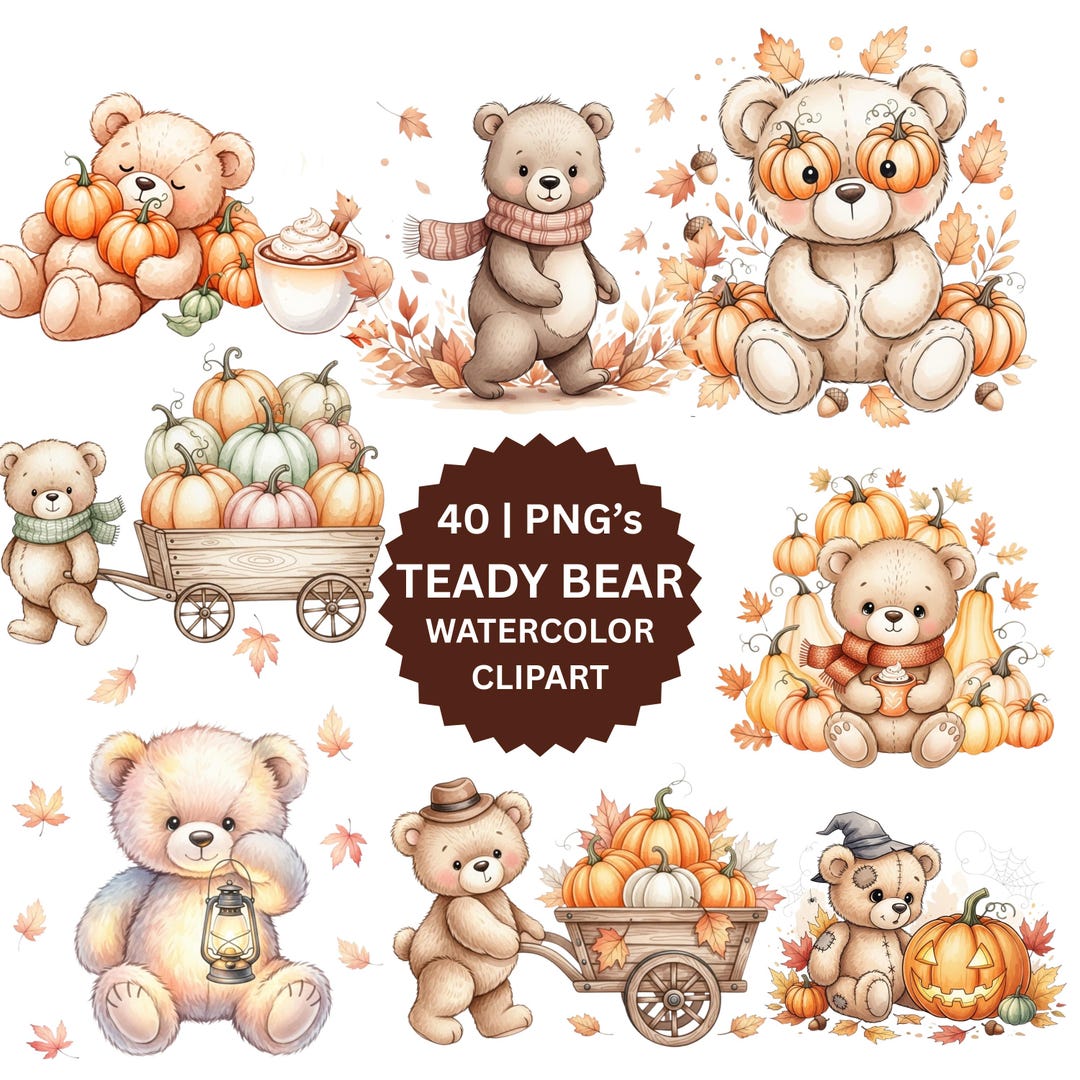 40 PNG Fall Teddy Bear Clipart Bundle | Watercolor Autumn Pumpkins ...