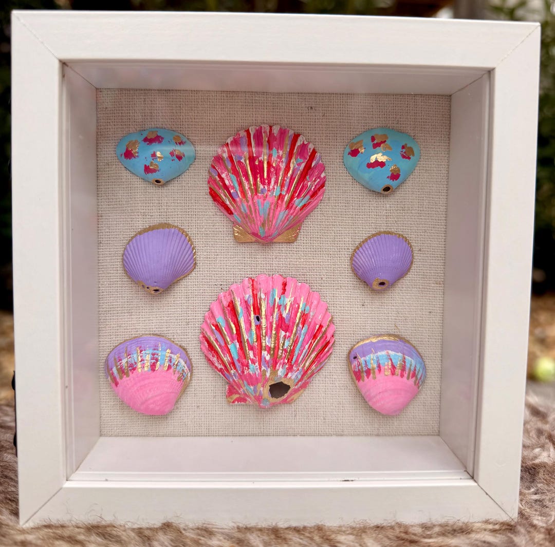 Custom Hand Painted Shell Artwork: Small Shadow Box (pink/blue/purple ...