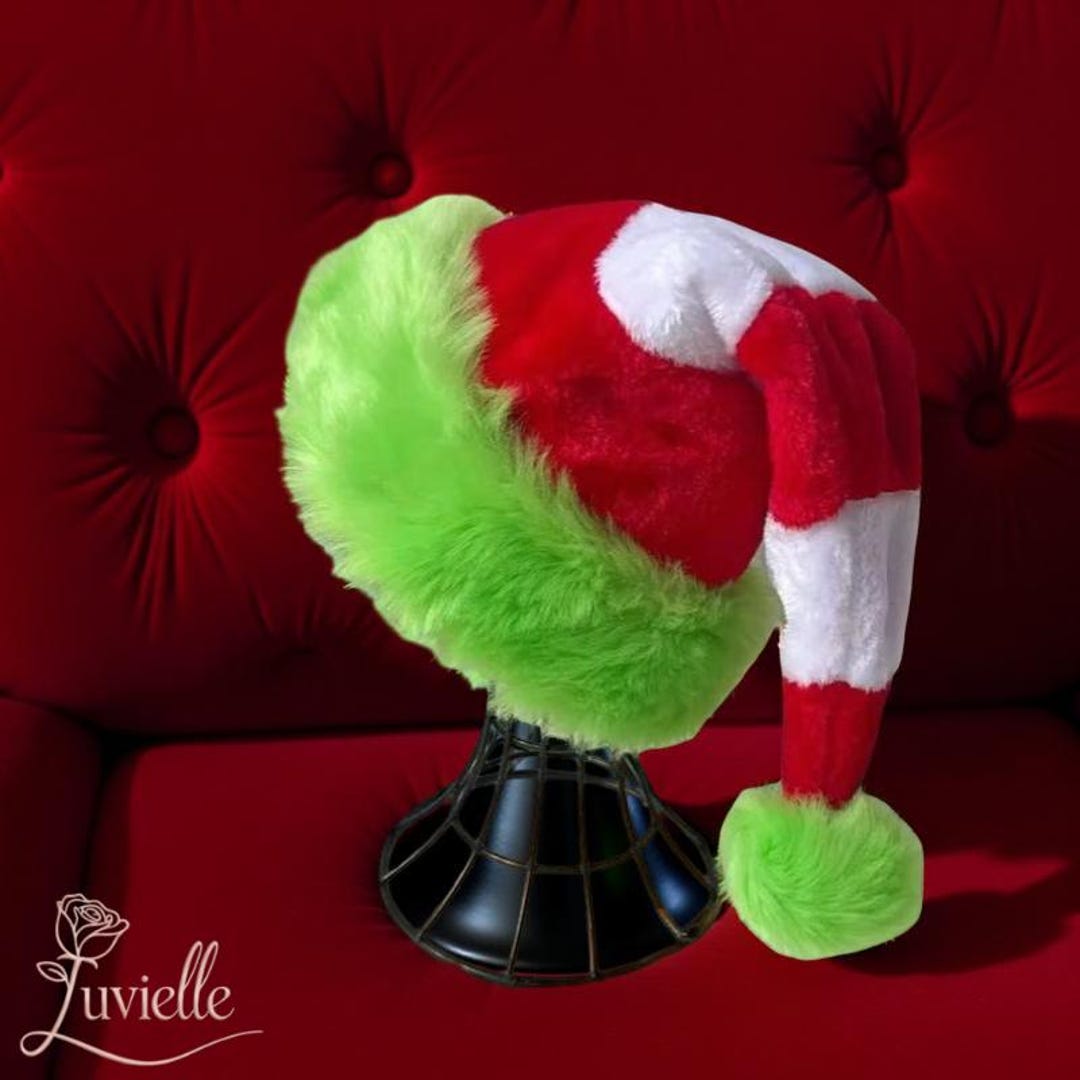 Grinch-inspired Christmas Hat – Fluffy Green and Red Santa Cap for ...