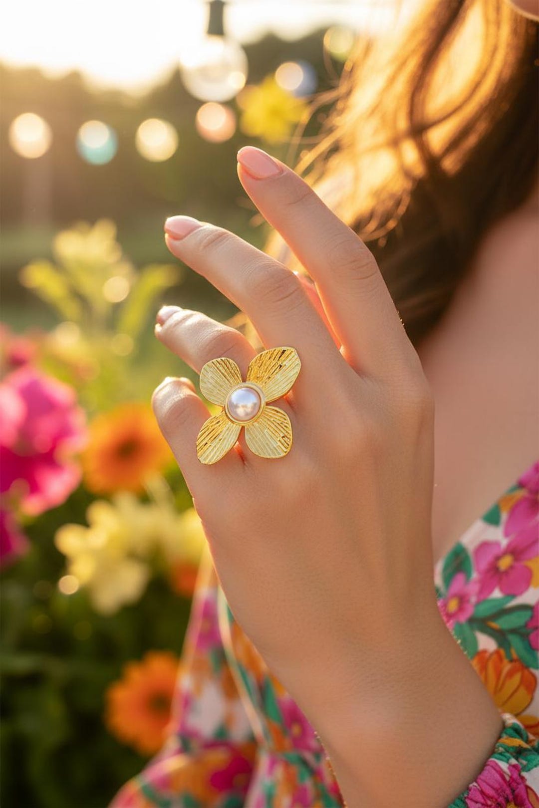 Textured Four-petal Flower Pearl Centre Cocktail Ring 18K Gold Plated ...