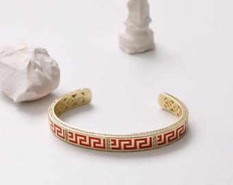 Red Enamel Greek Key Bangle, Gold Plated Sterling Silver, Pave Zircon ...