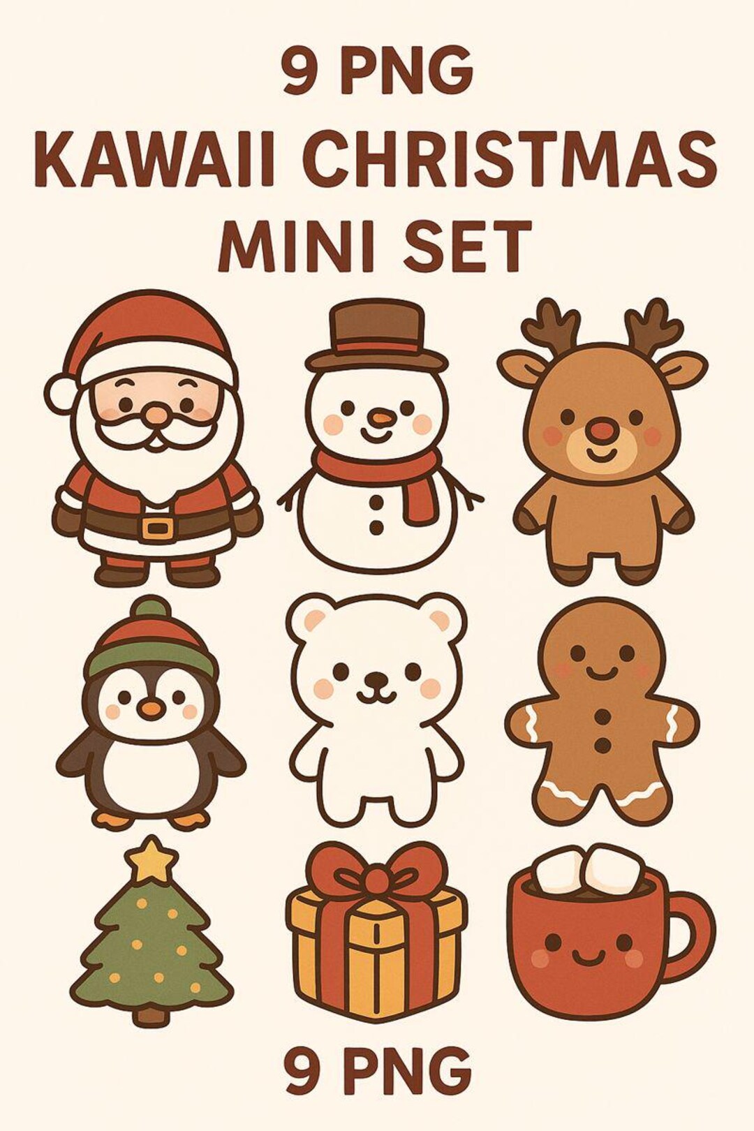 Kawaii Christmas Clipart | 9 PNG Mini Set | Cute Santa Snowman Reindeer ...
