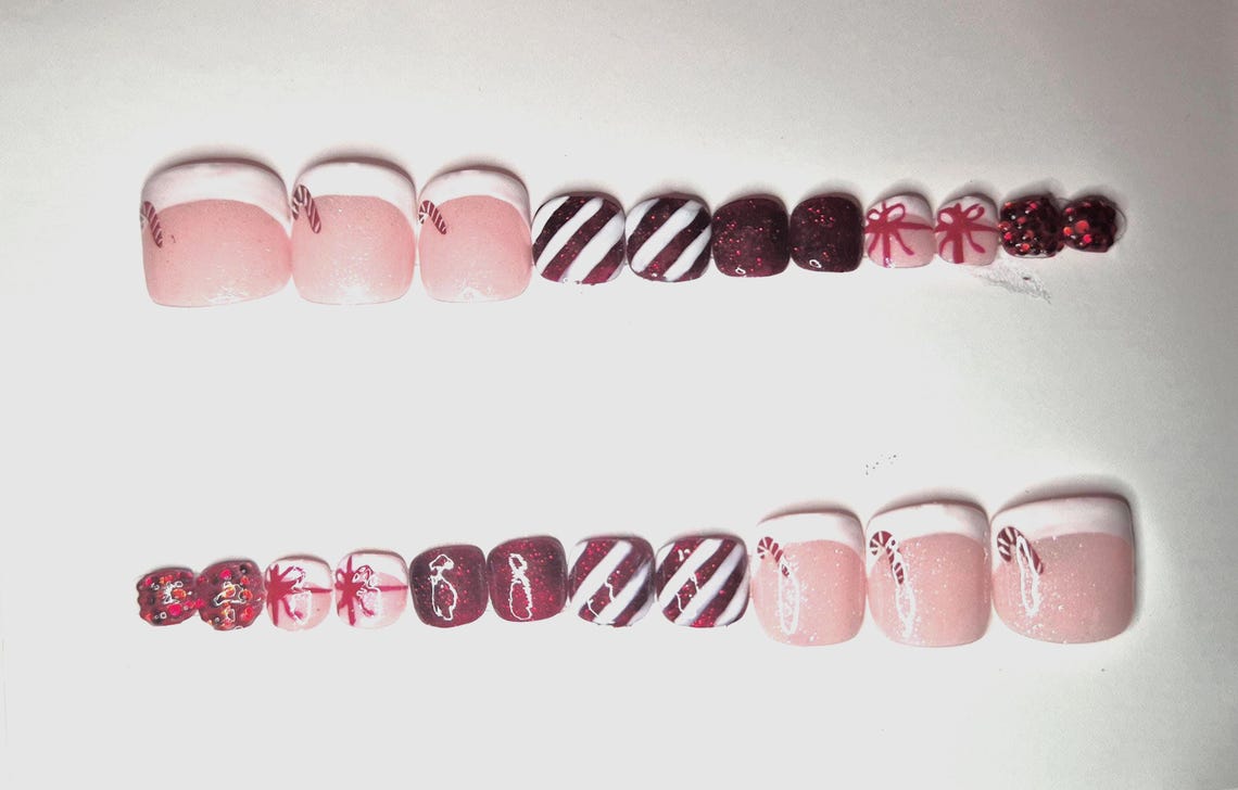 Christmas Toe Nails With Gems, Glitter, Candy Cane, Bows, Handmade ...