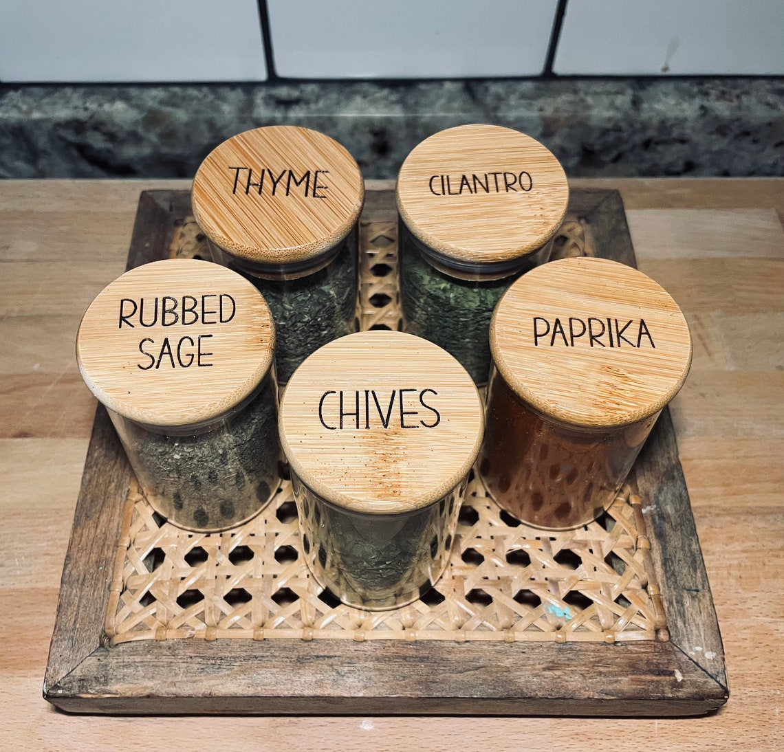 Laser Engraved Glass Spice Jars With Wooden Lid: Farmhouse Kitchen ...