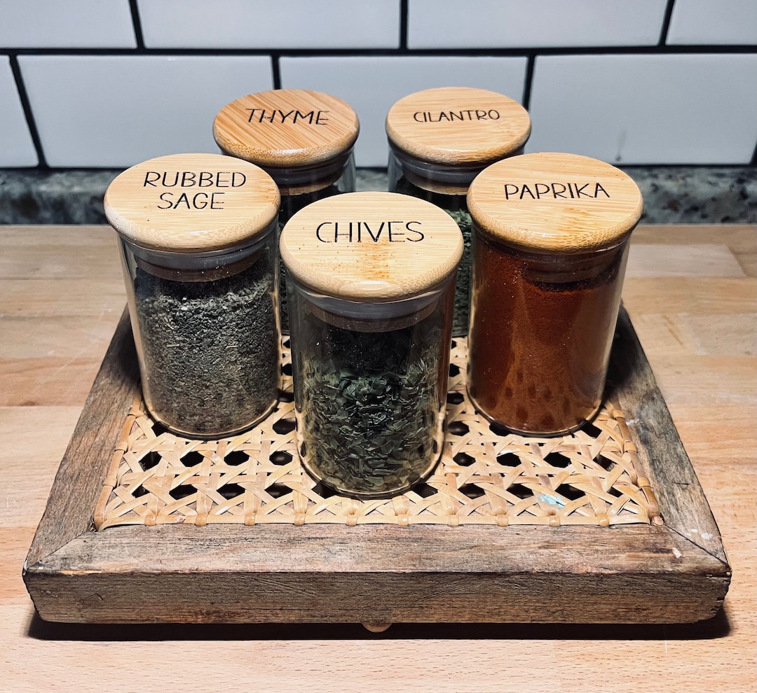 Laser Engraved Glass Spice Jars With Wooden Lid: Farmhouse Kitchen ...