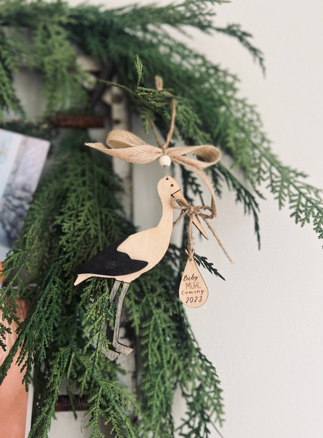 Custom Stork Ornament: Natural Wood Baby Announcement - Etsy