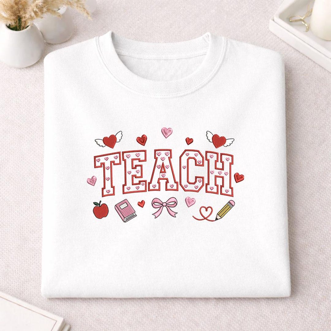 Teach Valentine Design, Teacher Love Heart Typography, Pink Red Hearts ...