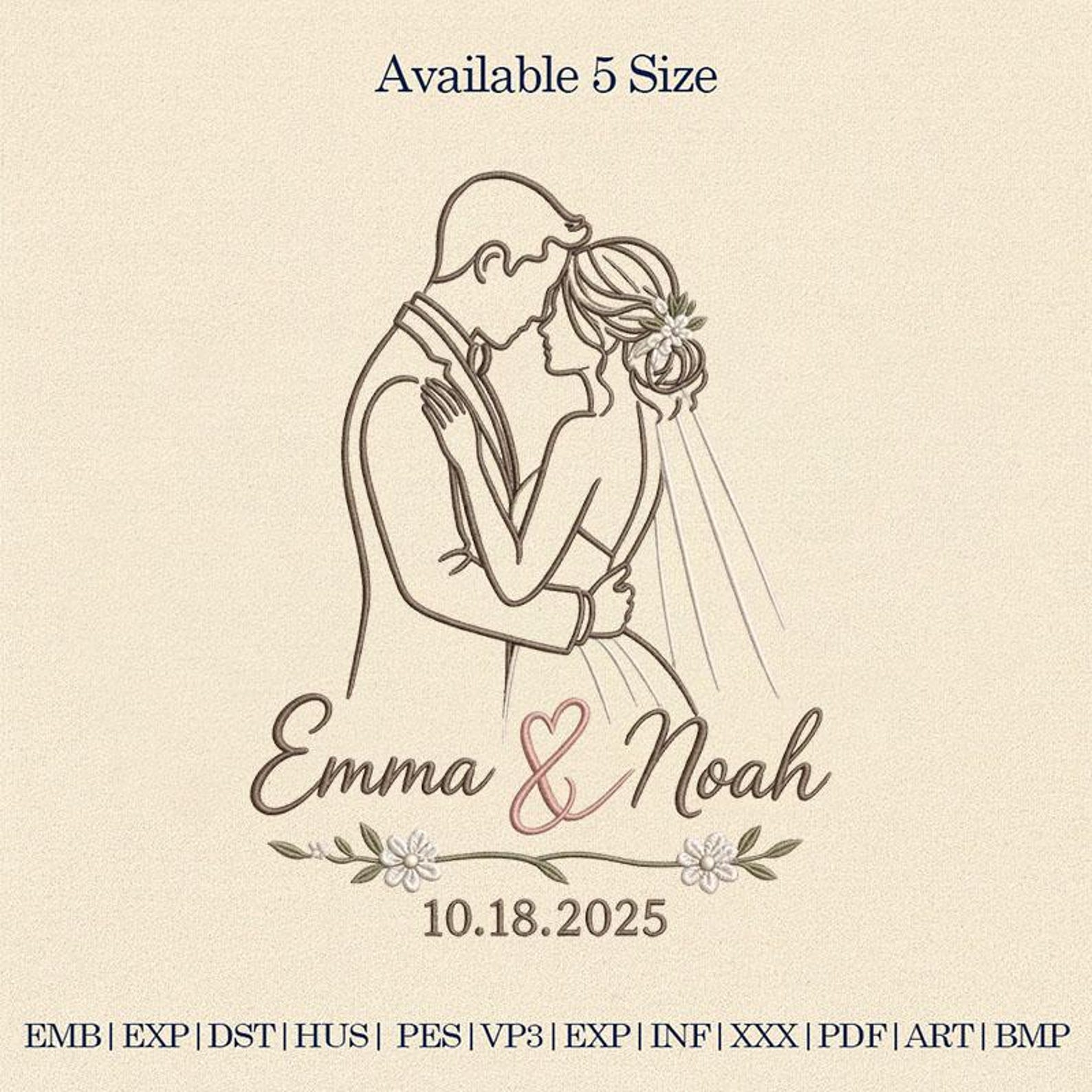 Custom Couple Embroidery Design Wedding Line Art, Bride Groom Portrait ...