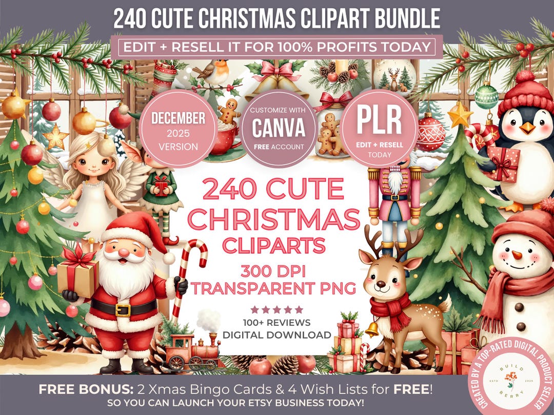 240 Watercolor Cute Christmas Clipart Bundle, Editable Christmas Canva ...