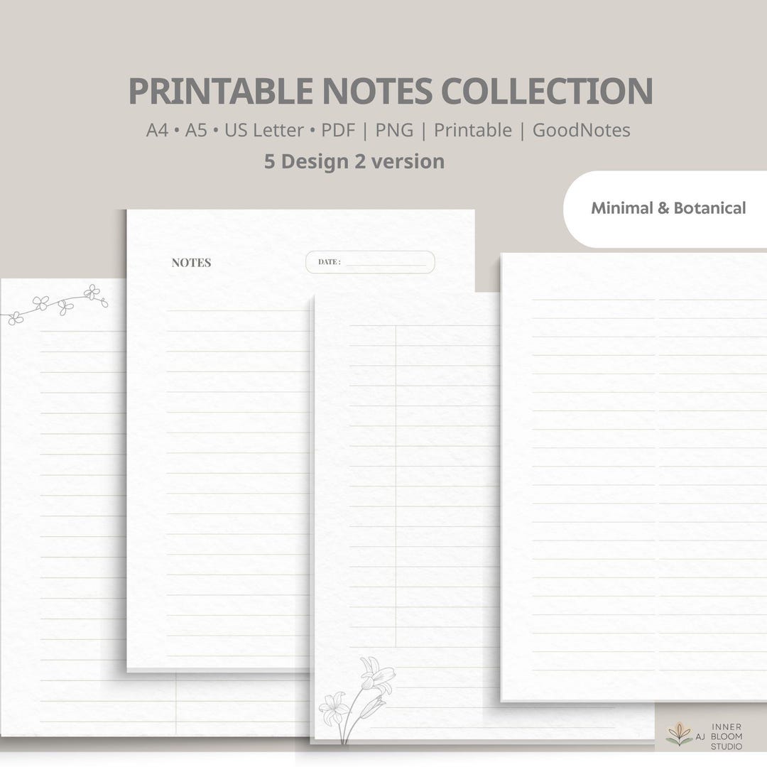 Printable Notes Paper Bundle | Minimal Notepad | Lined + Botanical ...