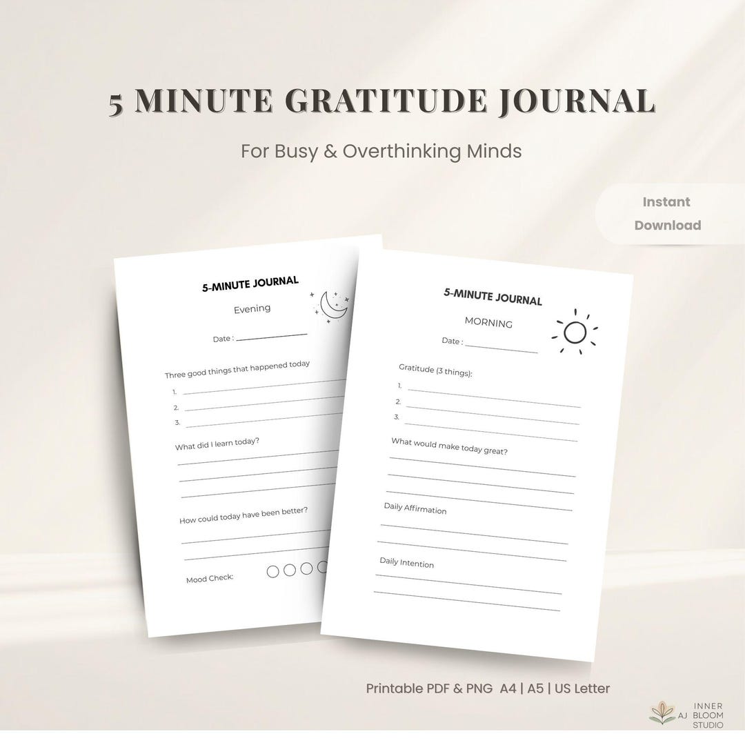 5 Minute Gratitude Journal Printable, Morning Evening Journal, Daily ...