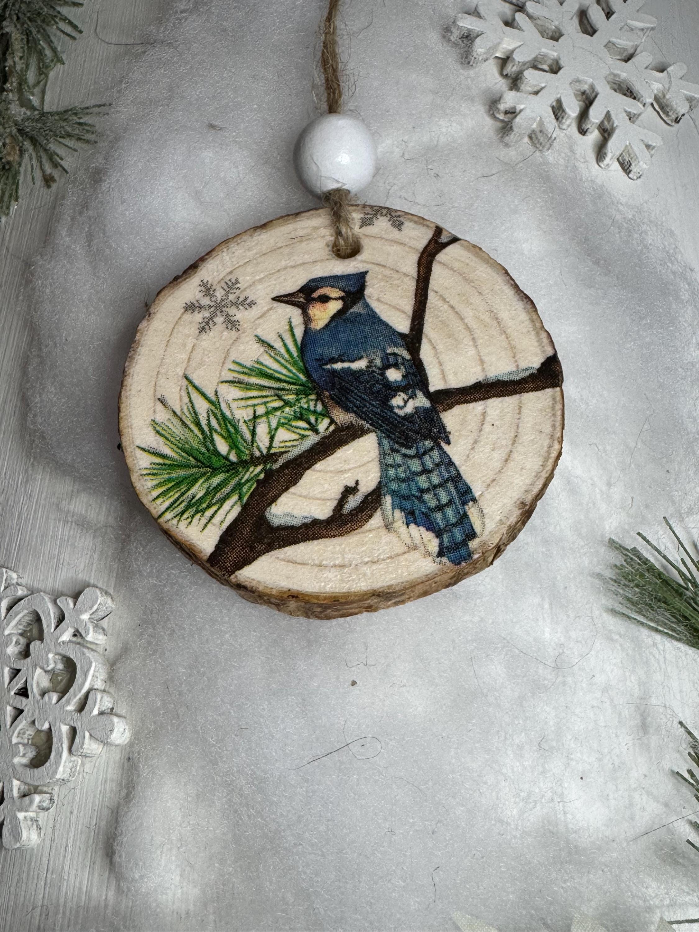 Rustic Wood Slice Christmas Blue Jay Ornament - Natural - Etsy