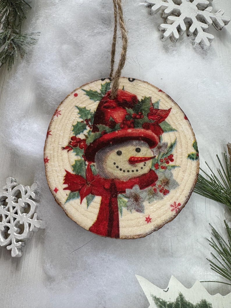 Rustic Wood Slice Christmas Snowman Face Ornament - Natural - Etsy