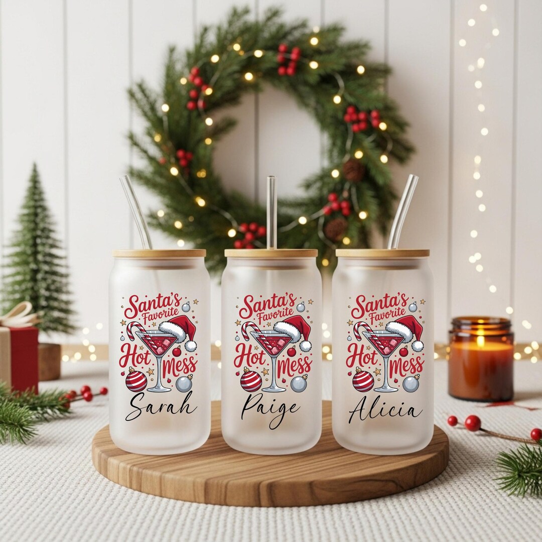 Personalized Santa's Hot Mess Glass Cup With Lid and Straw - Etsy