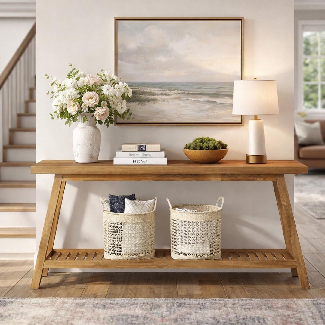 Farmhouse Console Table, Yellow Brown Wood, 2-tier Entryway Sofa Table ...