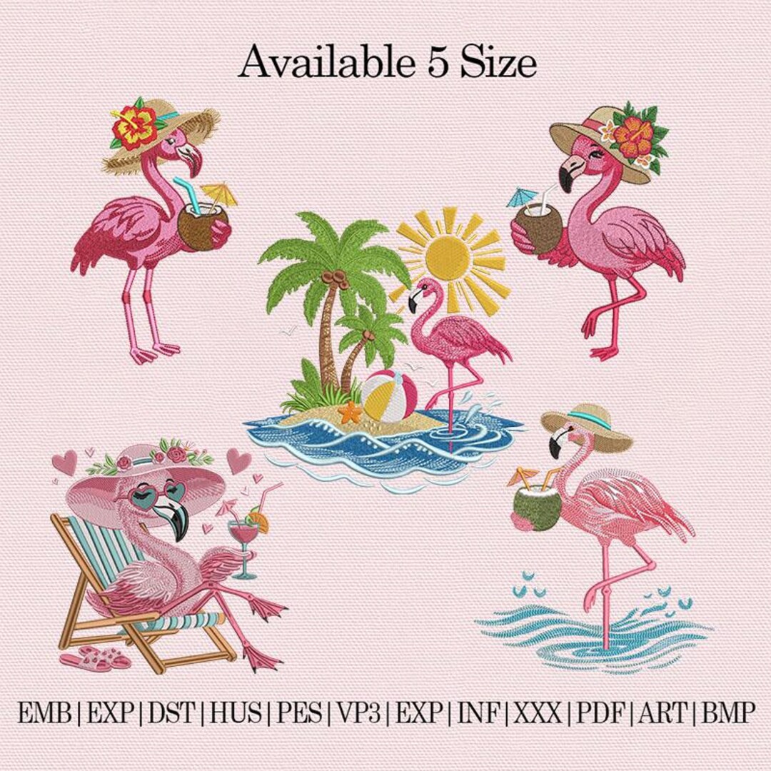 Flamingo Embroidery Bundle, Summer Beach Flamingo Embroidery, Tropical ...
