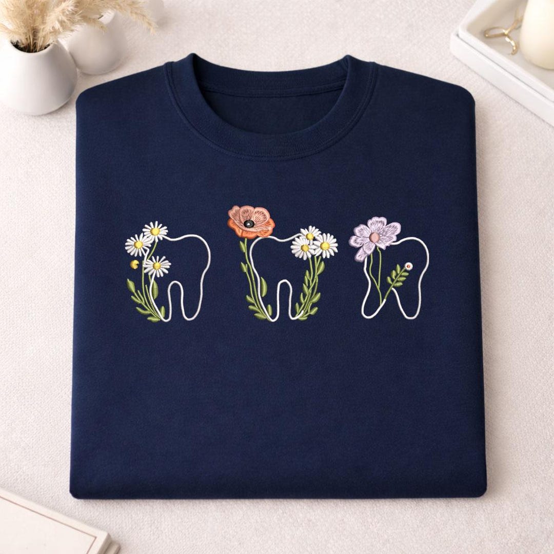 Floral Tooth Embroidery File, Flower Tooth Line Art Design, Dentist ...
