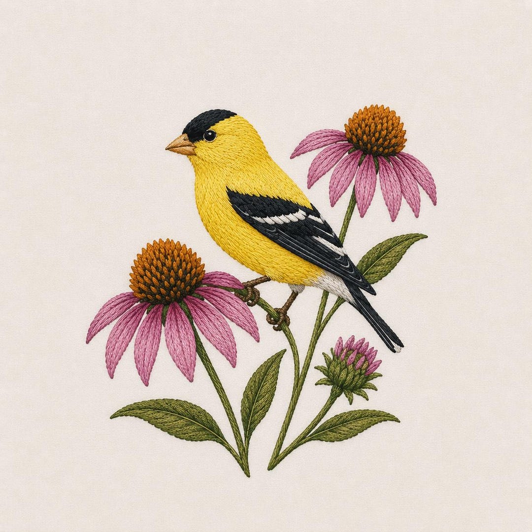 Goldfinch Coneflower Embroidery Pattern Wildflower Songbird Botanical ...