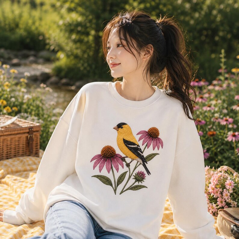 Goldfinch Coneflower Embroidery Pattern Wildflower Songbird Botanical ...