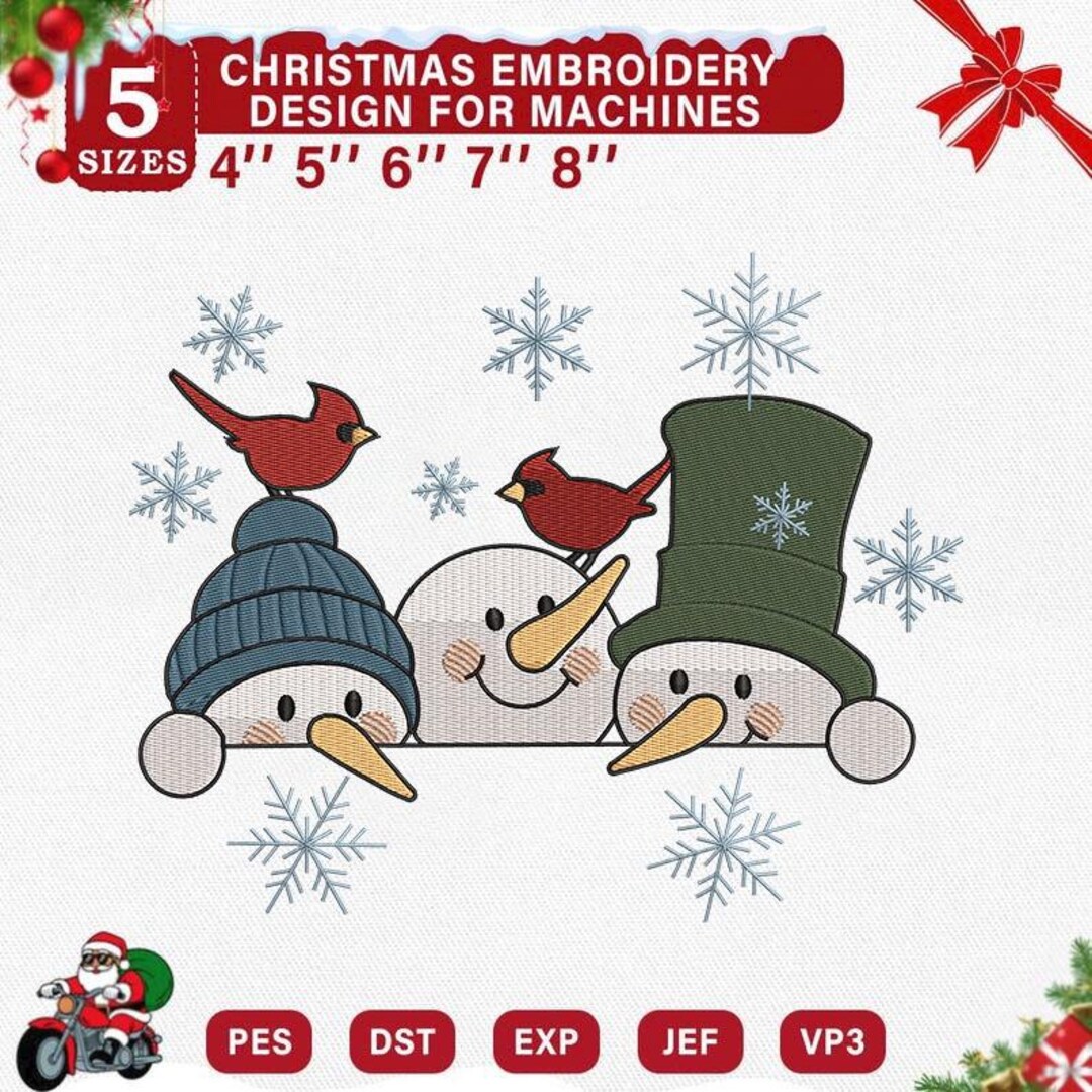 Snowman Trio Embroidery Design, Winter Cardinals Snowflake Stitch File ...