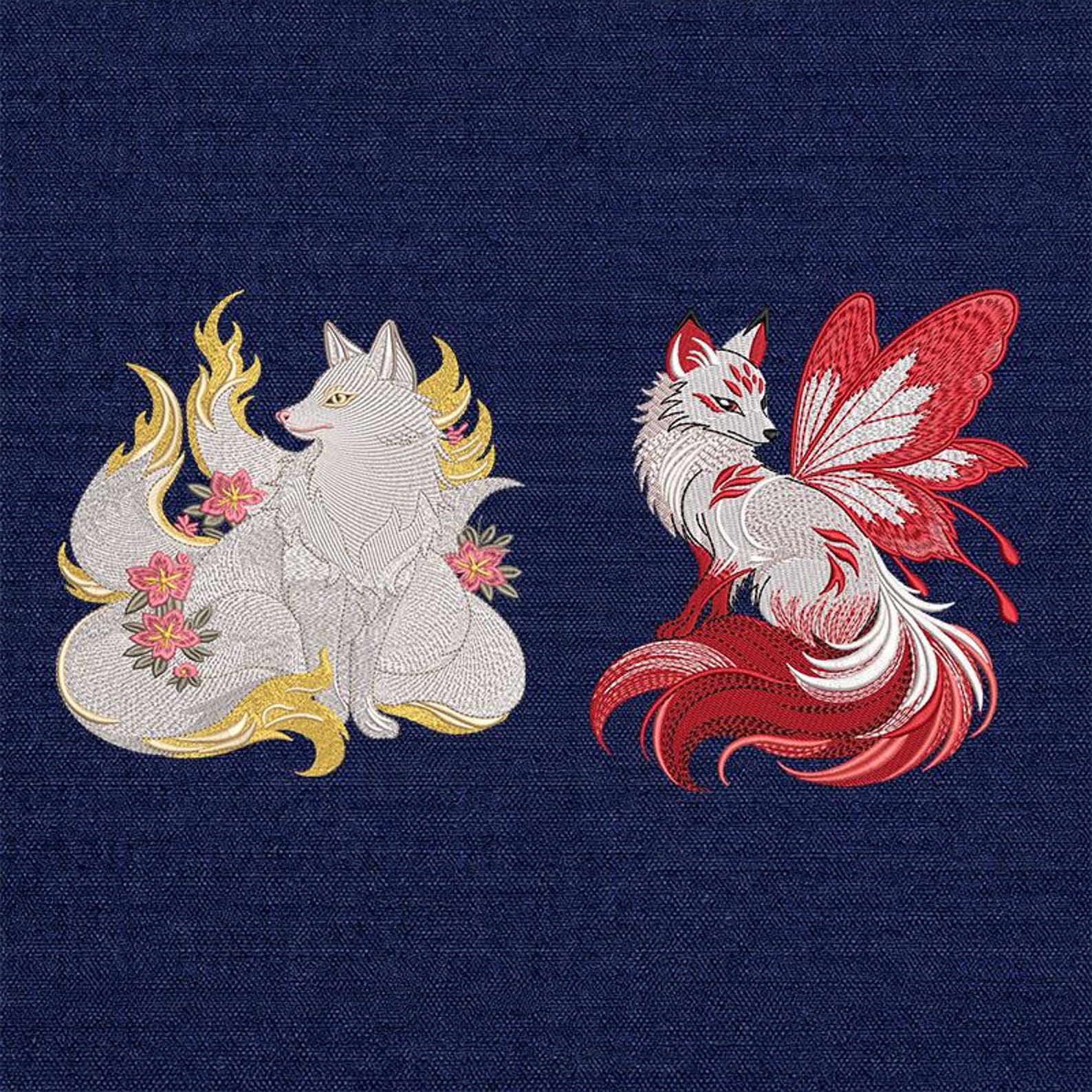 Japanese Kitsune Embroidery Design Set, Fox Spirit Yin Yang Fantasy ...